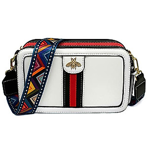 Beatfull Designer Bee Crossbody Purse for Women PU Leather Shoulder Handbag with Black-Red StripsCamera Clucth (white)
