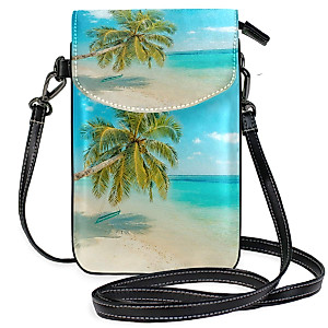 ZZKKO Tropical Palm Tree Beach Theme Mini Crossbody Shoulder Bags Cellphone Purse Wallet Pouch Handbag Leather for Women Casual Daily Traveling Hiking Camping Use