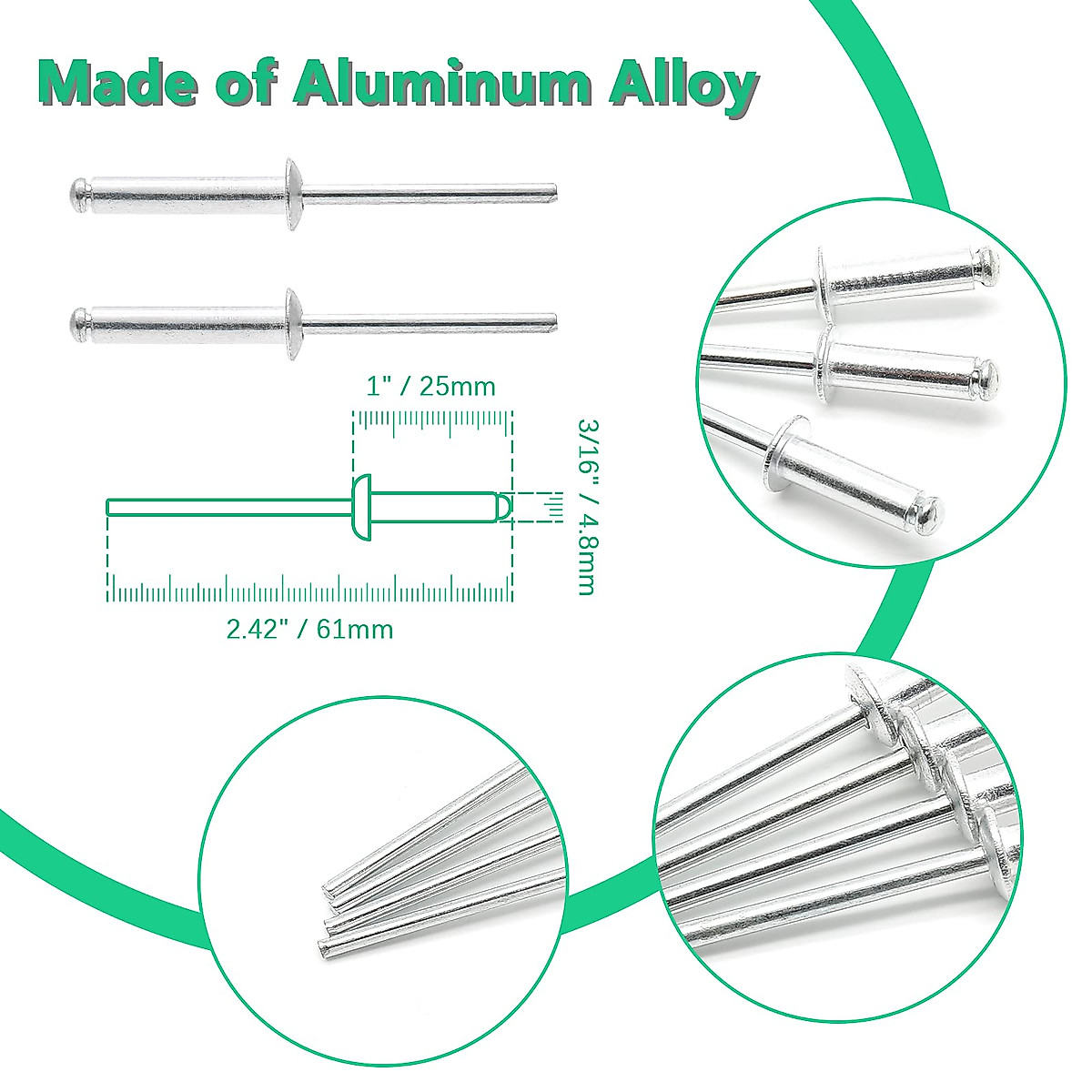 Qjaiune 100Pcs Aluminum Pop Rivets 3/16" x 1" (Diameter x Grip Length), Dome Head Blind Rivets for Sheet Metal Automotive Railway