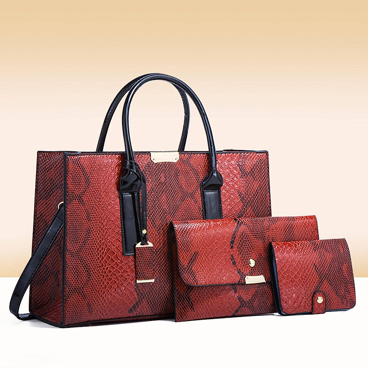 NC Snakeskin Pattern Female Bag Fashion Trend Diagonal Handbag Retro Large-Capacity Four-Piece Bag, Red