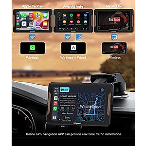 Spedal 7 Inch Wireless Apple CarPlay and Android Auto, Portable Car Stereo with Mirror Link, Multimedia Player, Bluetooth, AUX/FM, Google and Siri Assistant, Dash or Windshield Mounted