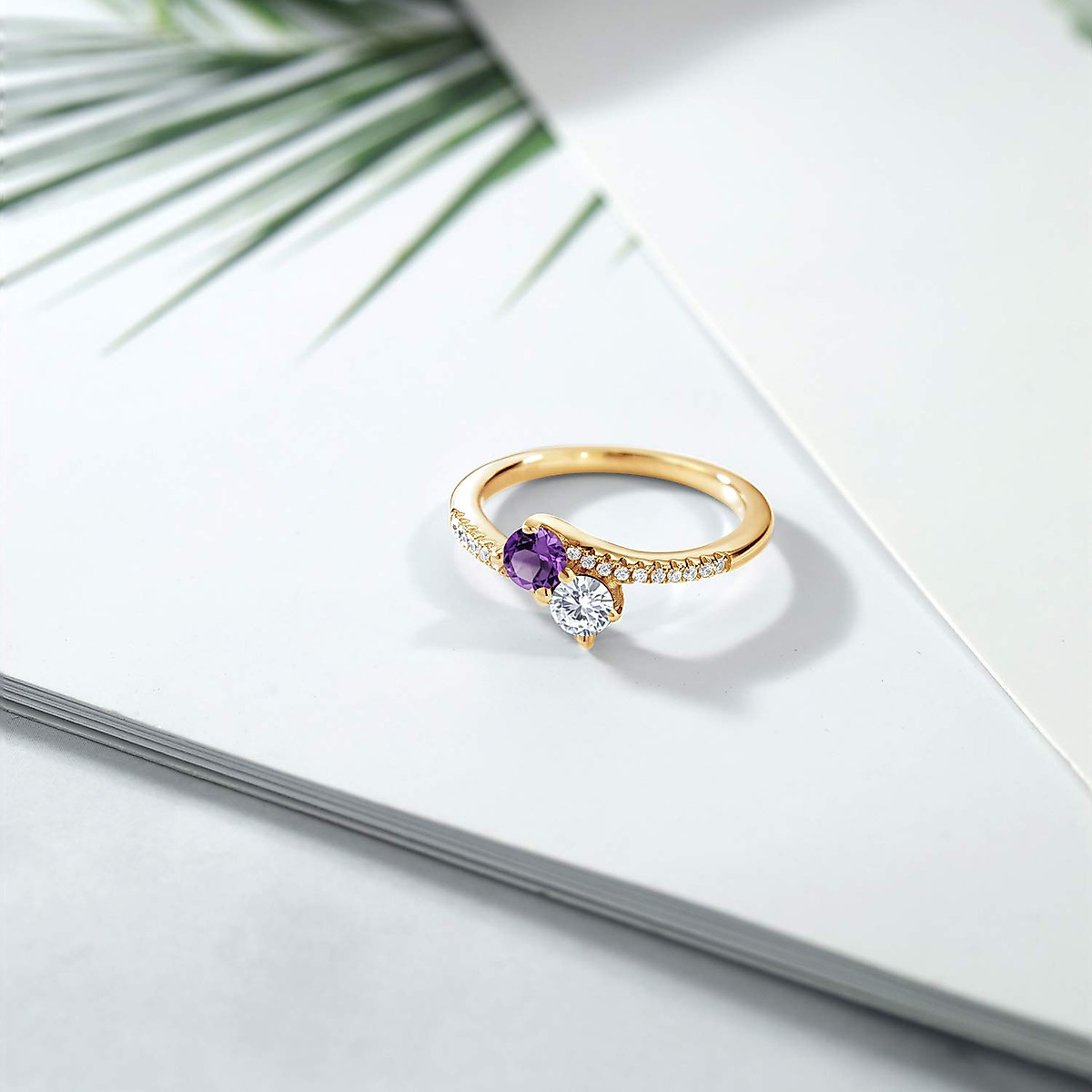 18K Yellow Gold Plated Silver Amethyst White Moissanite from Charles & Colvard and Zirconia Bypass Ring For Women (0.72 Cttw, Gemstone February Birthstone, Round 4MM, Available In Size 5, 6, 7, 8, 9)