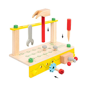 ROBUD Kids Tool Bench Small Wooden Kids Workbench Toy Tool Bench Pretend Play Construction Toy Building Tools Set for Toddlers