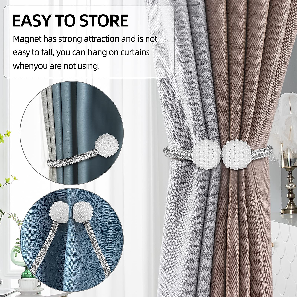MAJOYLIFE Magnetic Curtain Tiebacks 6 Pack,Curtain Holdbacks Magnetic,Pearl Curtain Tie Backs for Home and Office Decoration(Grey)