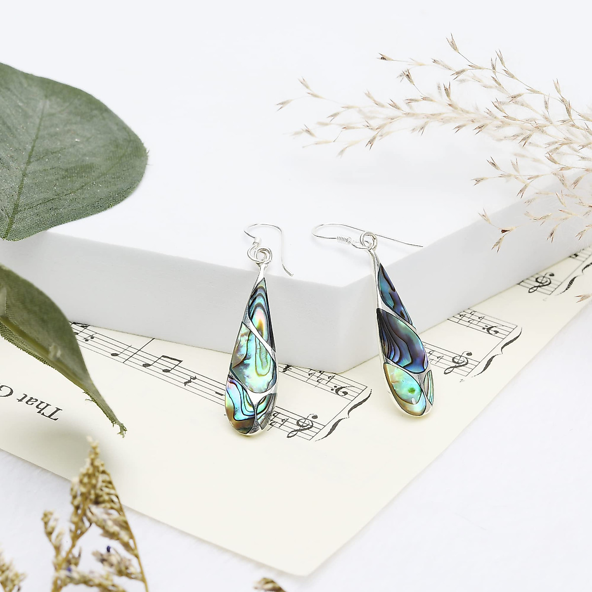 Vintage Abalone Shell Streak Teardrop .925 Sterling Silver Dangle Earrings