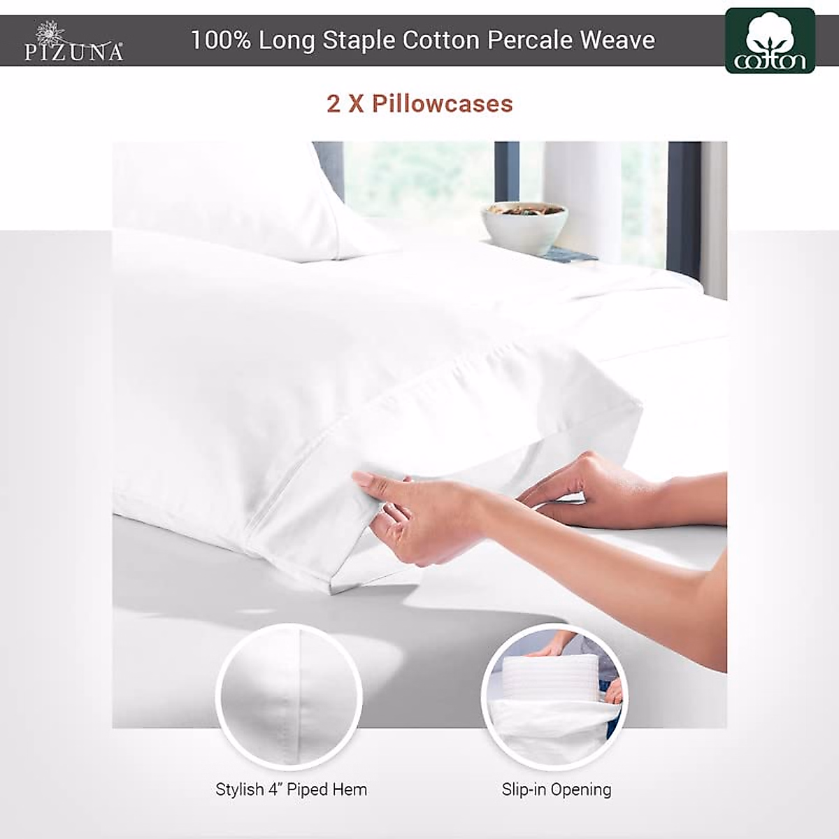 Pizuna Percale Cotton Pillow Cases Queen Size Set of 2 White, 100% Long Staple Cotton Crisp Percale Weave with Stylish 4 inch Hem (Combed White Cotton Pillow Cases Queen)