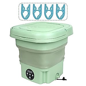 Portable Washing Machine,8L Mini Folding Bucket Washer with Drainage Pipe & 4 Clothes Clips for Socks Underwear Baby Clothes,Suitable for Apartment Camping RV Travel laundry (110V-240V) (Green)