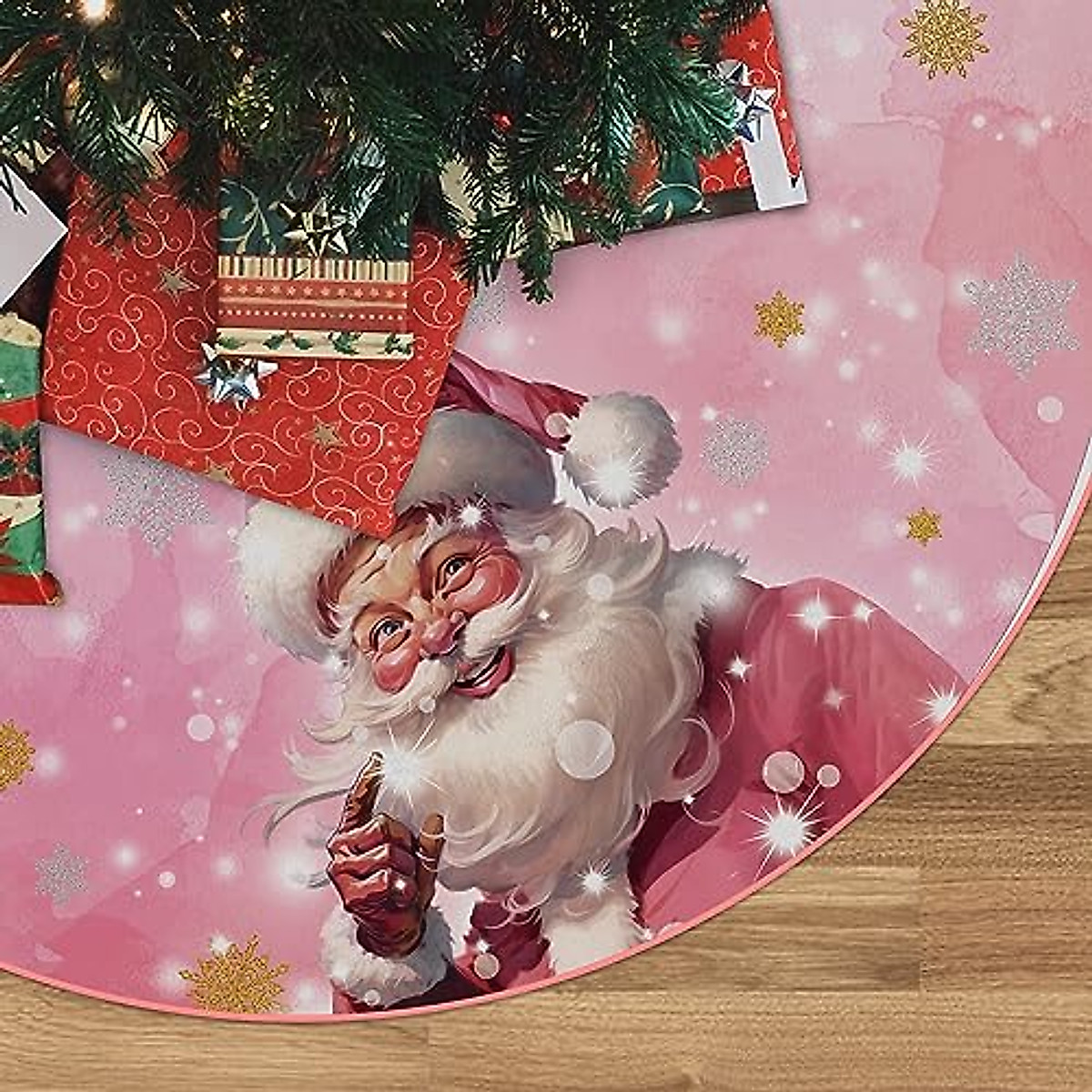 Christmas Tree Skirt Pink Tree Skirt Santa Claus Merry Christmas Tree Xmas Winter Tree Skirt 60 Inch for Pink Christmas Indoor Outdoor Decorations