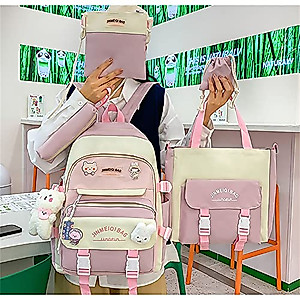 TUDERE Kawaii backpack set of 5 pieces aesthetic backpack for school teenage girls' daily necessities with charm and pins, pencil case, tote bag, small bag.