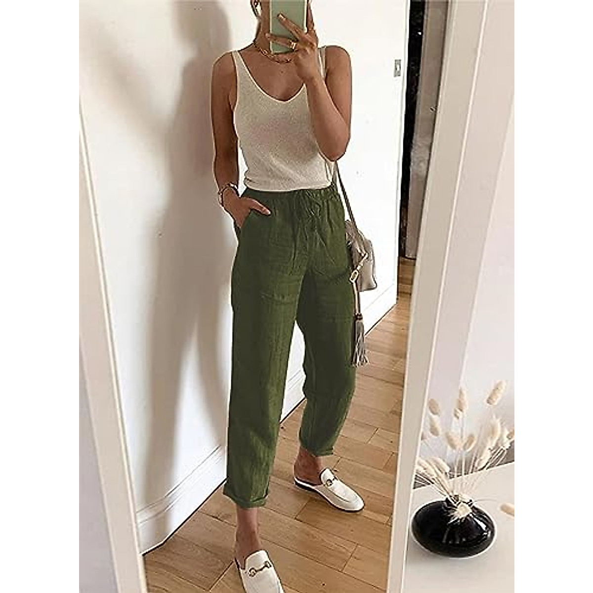 Acelitt Womens Casual Linen Pants Lightweight Drawstring Elastic Waist Spring Summer 2025 Beach Slacks Comfy Trousers with Pockets Green X-Large