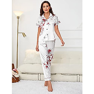 WDIRARA Women's 2 Piece Satin Pajamas Floral Silk Short Sleeve Button Down Shirt and Pants Pajama Pj Set White S
