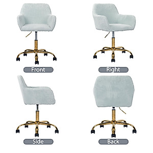 KCC Corduroy Fabric Vanity Makeup Desk Chair, Fluffy Swivel Modern Armchair with Wheels, Upholstered Fuzzy Height Adjustable for Girls Home Office, Blue