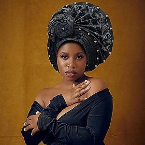 Nigerian Headtie African Head Wraps Already Made Auto Gele African Turban Cap For Party (Black)
