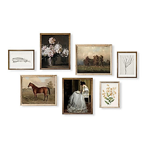 Rustic Modern Farmhouse Wall Art Decor - Boho Art Deco Landscape Pictures Bathroom - French Country Kitchen Print Posters - Aesthetic Vintage CottageCore - Portrait Flower Horse Tree Sketch Botanical