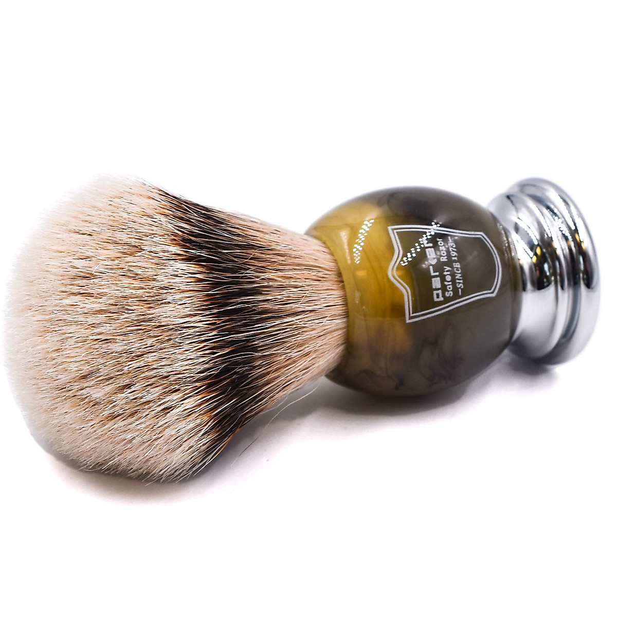 Parker Silvertip Badger Shaving Brush-Faux Horn Handle with a Chrome Base, Long Loft Dense Bristles- Men's Badger Shaving Brush with Stand Included