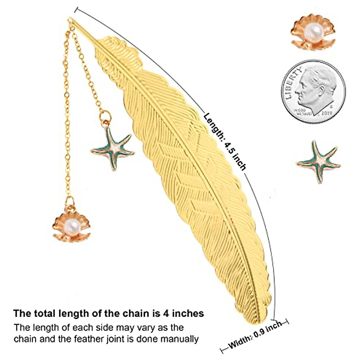 2 PCS Metal Feather Bookmarks with Unique Pendants by Soykay (Gold Seashell & Starfish)