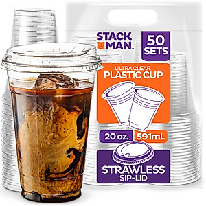 20 oz. Clear Cups with Strawless Sip-Lids, [50 Sets] PET Crystal Clear Disposable 20oz Plastic Cups with Lids