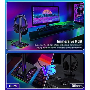 EUROA Headphone Stand Gaming Desk Headset Stand Holder with 10 RGB Lights, Head Set Desk Hook Gift Accessories for Gamer, Backpack Gaming Headpones Stand with 2 USB Charing Ports