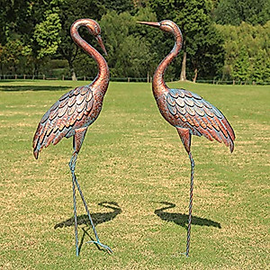 Kircust Garden Crane Statues Patina Heron Decoy, Standing Metal Crane Sculptures Bird Yard Art for Outdoor Decor, Set of 2