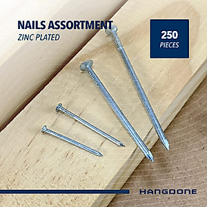 HANGDONE Nail Assortment 250-Pieces, 4 Sizes, Assorted Nails Kit for Wood/Drywall, Zinc Plated Finish