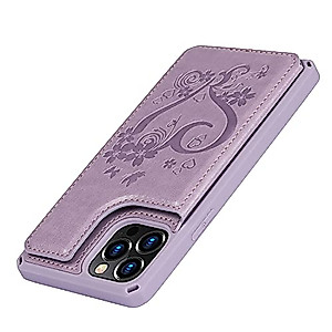iCoverCase for iPhone 12 Pro Max Wallet Case with Card Slots Holder and Wrist Strap [RFID Blocking] Embossed Leather Kickstand Magnetic Clasp Shockproof Cover 6.7 Inch (Heart Purple)