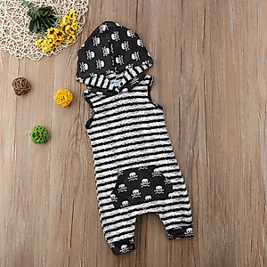 Xiaodriceee Newborn Baby Hooded Romper Boy Girl Sleeveless Striped Skull Jumpsuit Outfit Clothes 0-6 Months