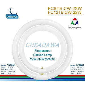 FC8T9/CW 22W and FC12T9/CW 32W Cool White Round Fluorescent Light Bulb Set, 8 inch T9 22 Watts & 12 inch 32 Watts Circular Bulbs Pack, Circline Kitchen and Bath Light Bulbs, CRI 80, 4100K, G10q Prong