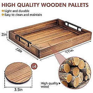 Berry Store Ottoman Tray with Handle for Living Room – Set of 4 Natural Wooden Coasters – Rustic Serving Tray for Coffee Table – Kitchen Decorative Tray with Handles (Rustic Brown)