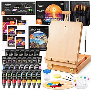 Shuttle Art Acrylic Painting Set, 59 Pack Professional Painting Supplies with Wood Tabletop Easel, 30 Colors Acrylic Paint, Canvas, Brushes, Palette, Complete Painting Kit for Kids, Adults, Artists