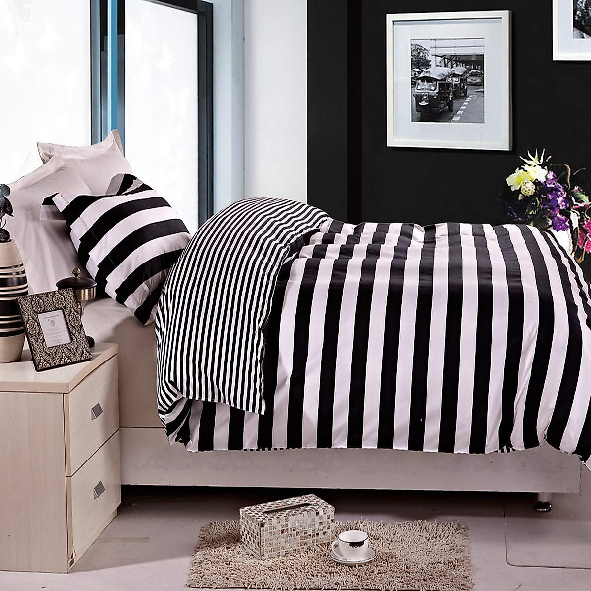 NTBAY 2 Pieces Duvet Cover Set Twin Size for Kids, Reversible Zipper Comforter Cover with 4 Corner Ties and 1 Pillow Sham, Soft Brushed Microfiber Duvet Cover Set with Black and White Stripe Printed