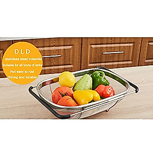 DLD colander stainless steel oval colander with fine mesh 6-quart strainer basket and expandable rubber handle-filter, drain and rinse fruits and vegetables