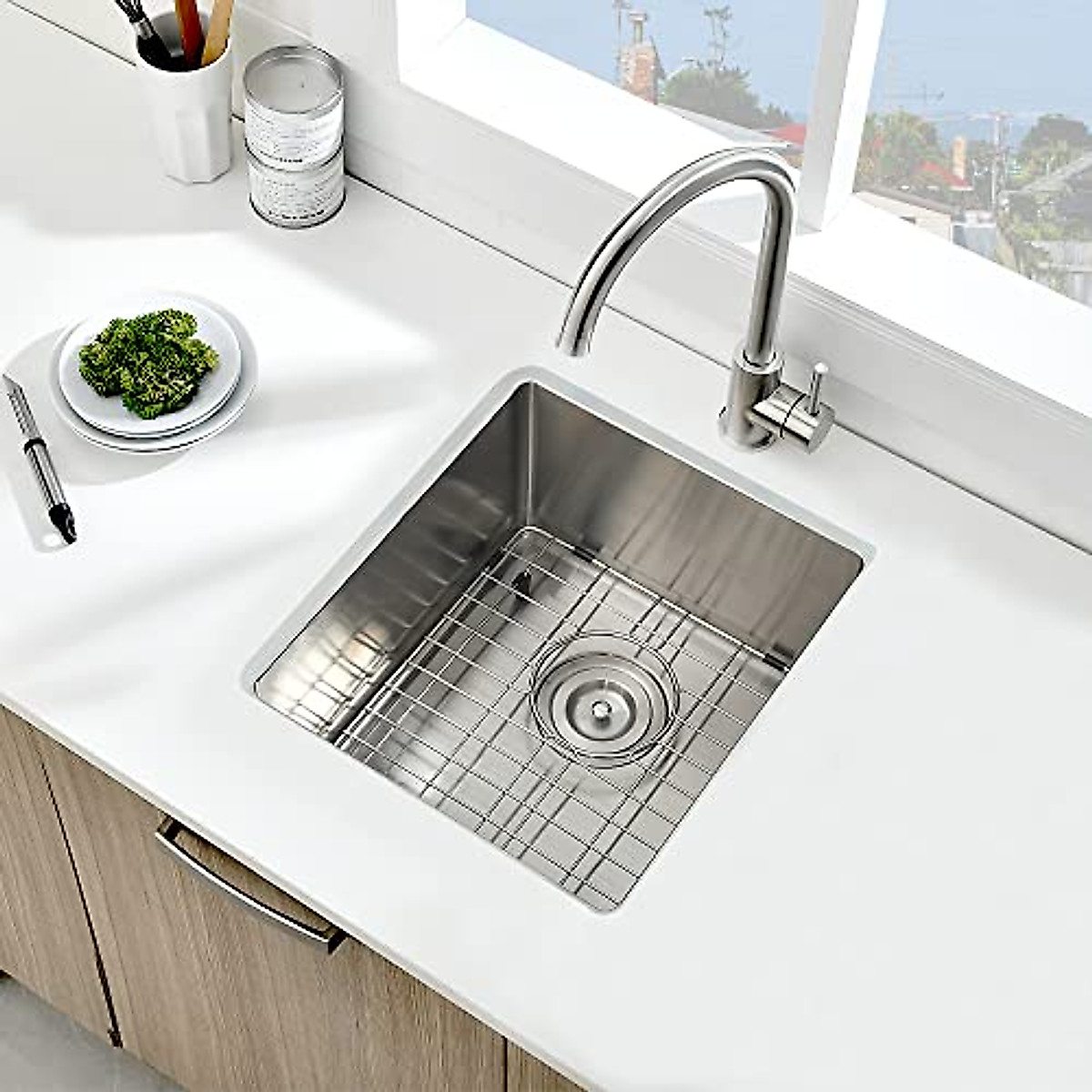 Stainless Steel Undermount Bar Sink, BoomHoze 15 x 17 Inches Small Wet Bar Sink Undermount 16 Gauge SUS304 Brushed Nickel Single Bowl Outdoor Bar Sink