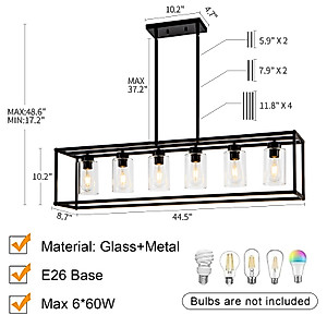 HCCZ 6 Light Dining Room Light Fixture Black Farmhouse Chandelier Kitchen Island Pendant Lighting Rectangle Modern Industrial Living Room Hanging Lights Adjustable Height