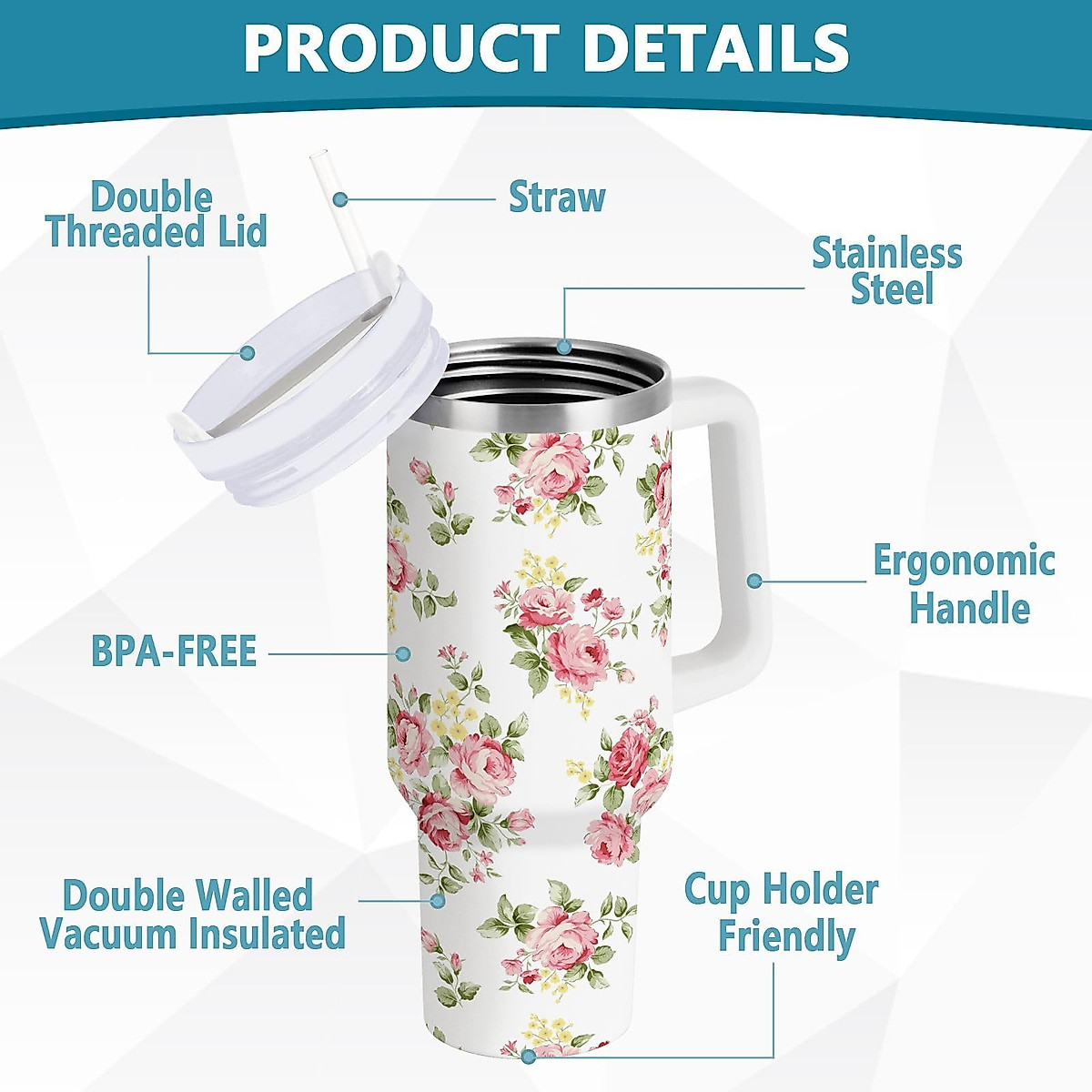 Joisal Rose Flower Floral Coffee Tumbler 40 Oz Coffee Cups with Handle and Straw Lid
