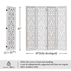 5.6Ft Room Divider Folding Wood Classical Carved Partition Screen for Home Office Garden - 4 Panels (White)