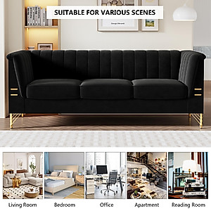 mikibama Modern Velvet Sofa, 83 Inch Chesterfield Sofa Couch, Luxury 3 Seater Comfy Couch with Gold Metal Legs for Living Room, Bedroom, Apartment (Black)