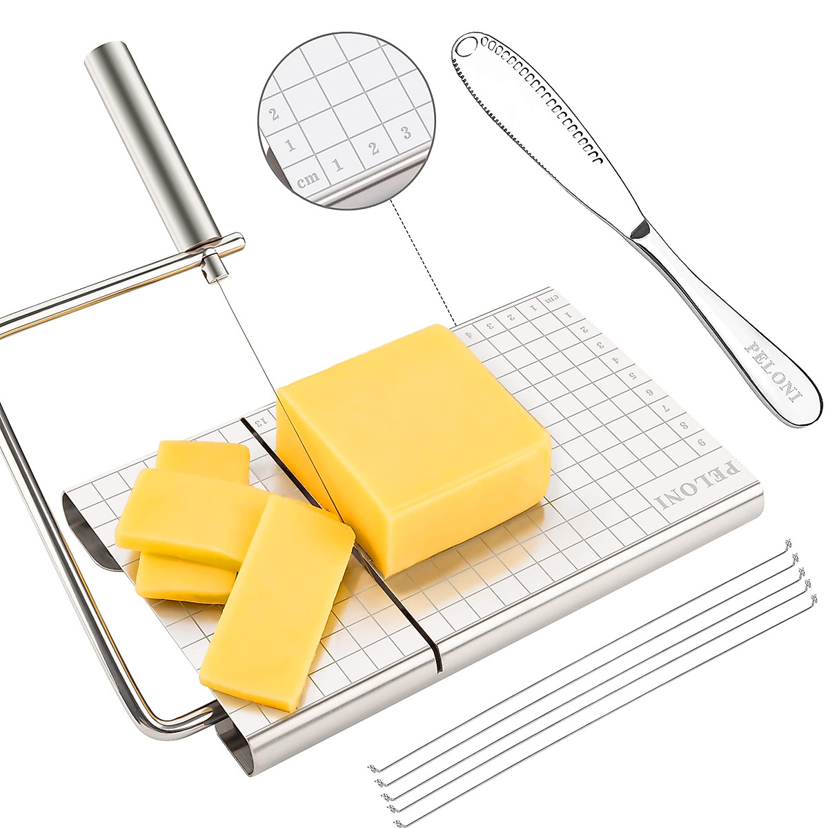 PELONI Cheese-Slicer Cheese-Cutter, Stainless-Steel-Cheese-Slicer with 5 Replacement-Wire Cheese Cutters for Block-Cheese Metal Cheese Slicers Cutting Board with Butter-Spreader Stainless Steel Knife