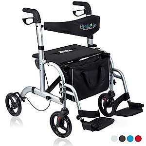 Health Line Massage Products 2 in 1 Rollator-Transport Chair w/Paded Seatrest, Reversible Backrest and Detachable Footrests, Silver White