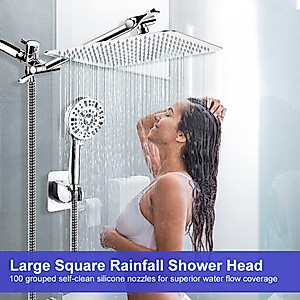 Shower Head, High Pressure Hydrojet Rainfall Shower Head / 6 Spray Settings Handheld Showerhead Combo with 11 inch Extension Arm, Anti-leak Shower Head with Holder, 1.5M Hose, Chrome