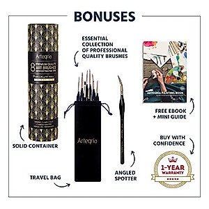 ARTEGRIA Detail Paint Brush Set - 8 Miniature Paint Brushes - Extra Fine Tips Ergonomic Handles Angled Spotter for Small Scale Models Warhammer 40k Paint by Numbers for Adults - Acrylic Watercolor Oil