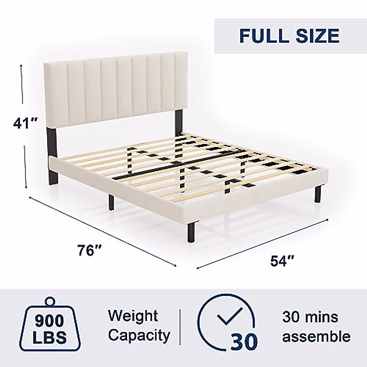 Molblly Full Size Bed Frame Velvet Upholstered Platform with Headboard and Strong Wooden Slats,Mattress Foundation,Non-Slip and Noise-Free,No Box Spring Needed, Easy Assembly,Light Beige