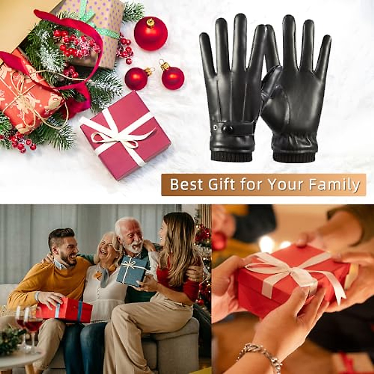 SANKUU Winter Leather Gloves for Men, Touchscreen Snap Closure Cycling Black Gloves Outdoor Riding Warm Waterproof Gloves(Large)