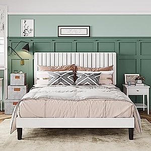 Allewie Queen Bed Frame, Velvet Upholstered Platform Bed with Adjustable Vertical Channel Tufted Headboard, Mattress Foundation with Strong Wooden Slats, Box Spring Optional, Easy Assembly, Off-White