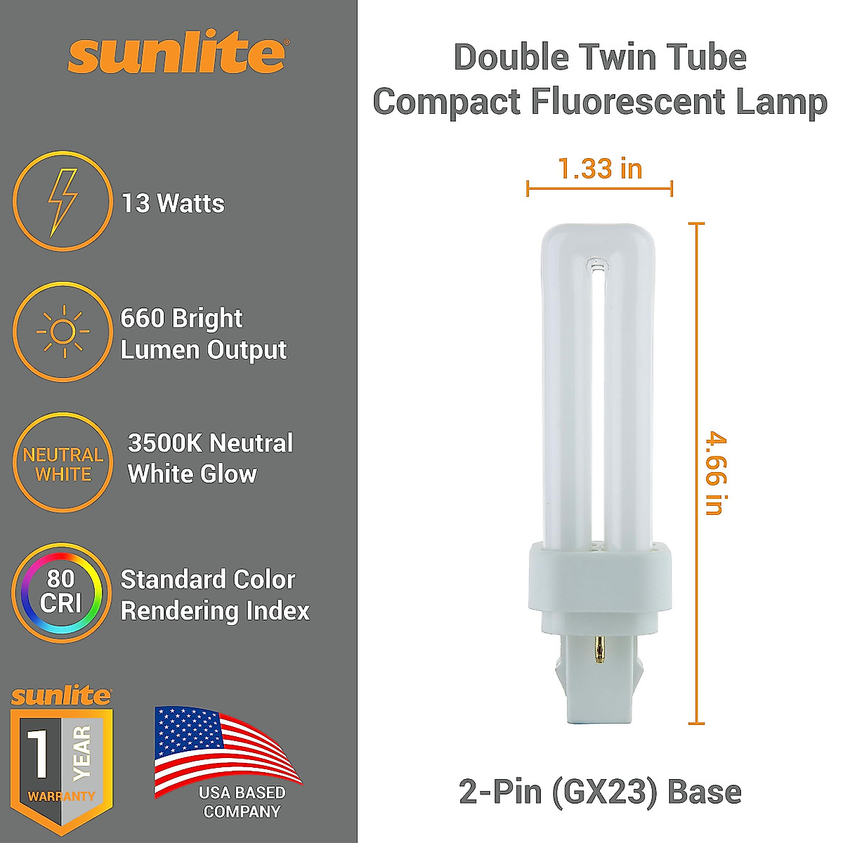 Sunlite 40540 PLD13/SP35K/10PK Double Twin Tube Compact Fluorescent Lamp, PLD 2-Pin, 13 Watts, 660 Lumens, 3500K Neutral White, 2-Pin (GX23-2) Base, 10 Pack