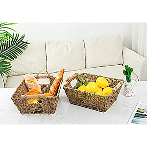 Handmade Woven Wicker Storage Baskets, 2-Pack, Seagrass Shelf Baskets for Organizing & Sorting, Toilet Paper Towel Holder Basket with Wooden Handles, Iron frame, 11.8" x 10.2" x 4.8"