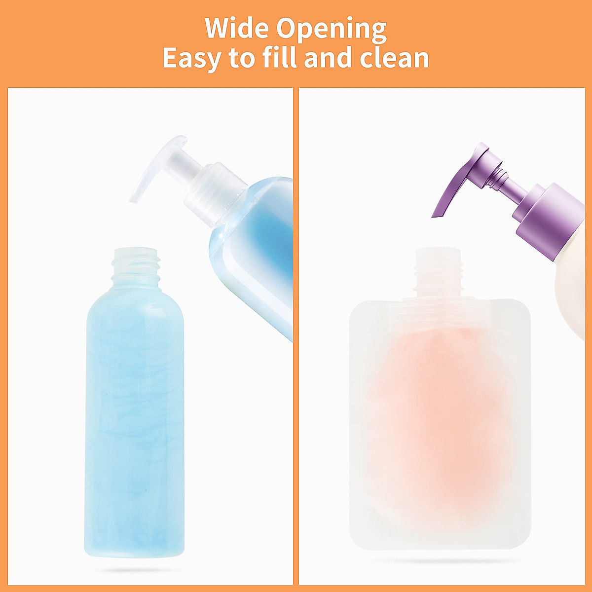 Clear Plastic Empty Squeeze Bottles 5 Pack 3.4oz/100ml Travel Bottles and 3 PCS Refillable Empty Squeeze Pouch TSA Approved Refillable Travel Pouches for Shampoo Conditioner Cosmetics with Lables