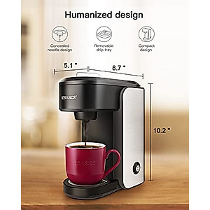 EZBASICS Single Serve Coffee Maker Coffee Brewer Compatible with Pod and Ground Coffee 4 to 10 Oz. Brew Sizes Fast Brewing Silver
