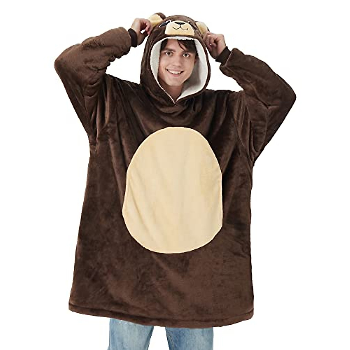 Lovemonster Cute Little Bear Cosplay Animal Pajamas Cozy Flannel Sherpa Pullover Adult Christmas Halloween Costume Brown