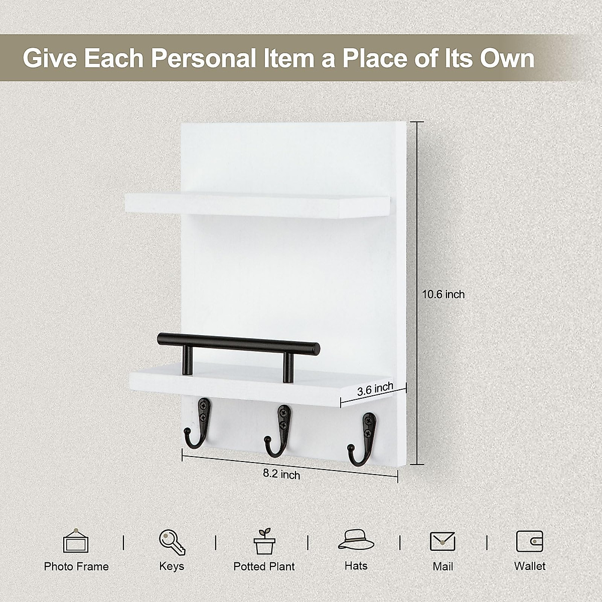 Lucundm Key Holder Wall Mount, Mail Shelf Decor with 3 Key Hooks, Versatile Wood Wall Organizer for Entryway Hallway (8.2” x 10.6”x 3.6”) (White)