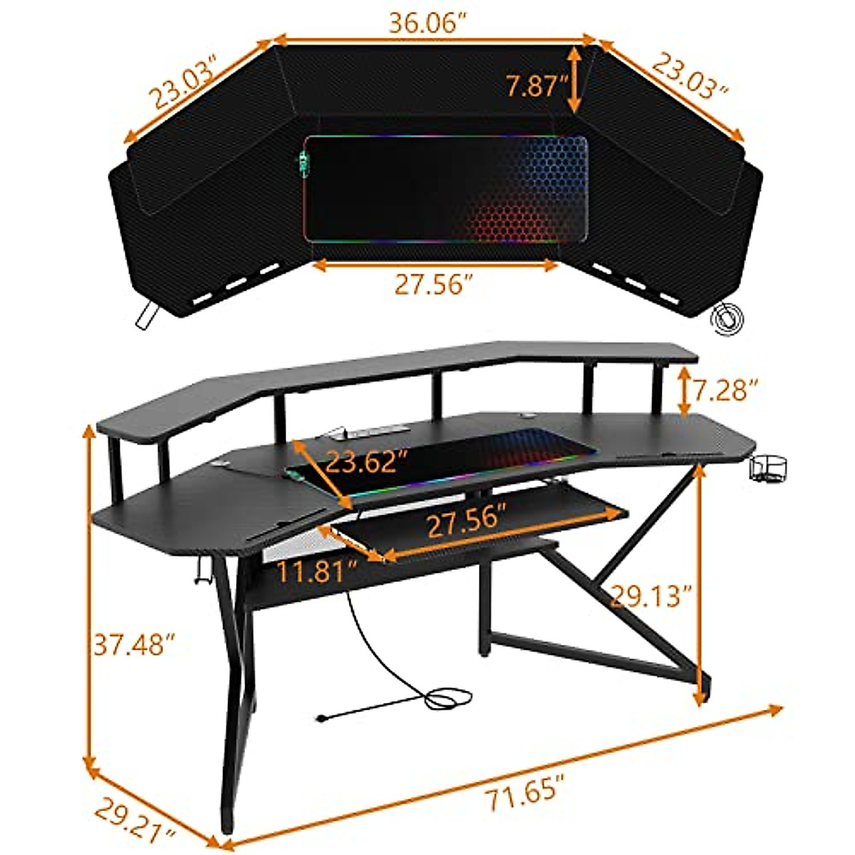Auromie 72" Gaming Desk with Power Outlet & Led Strip, Large Wing-Shaped Computer Desk w Monitor Stand & Keyboard Tray & RGB Mouse Pad, Studio Desk w Storage Shelf Headphone Hook Cup Holder